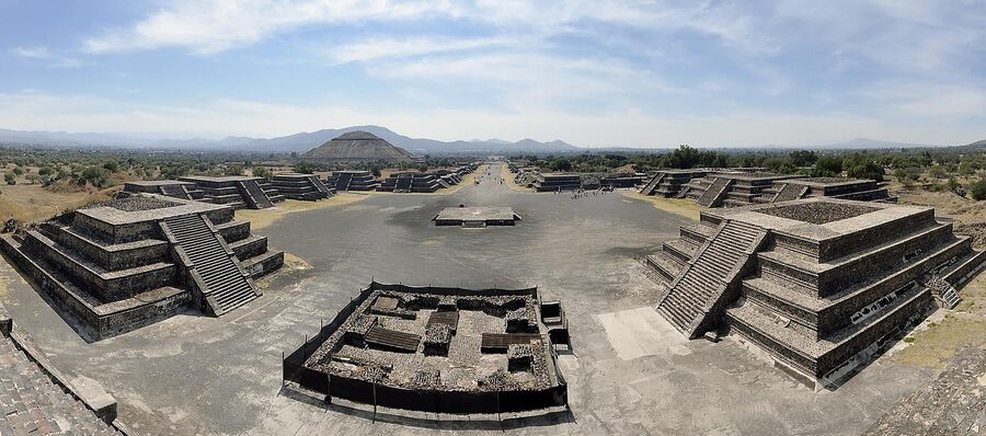 Panoramic view across Teotihuacan's main avenue and pyramids