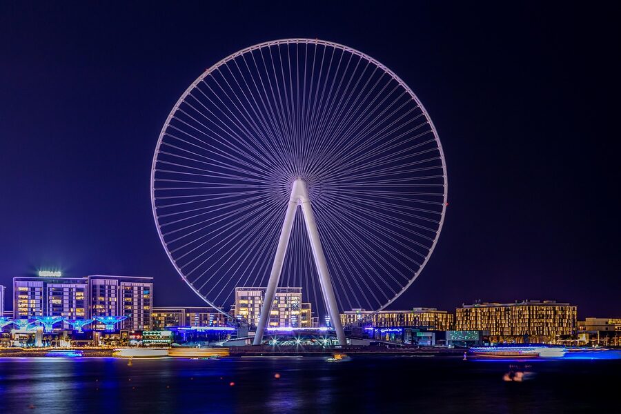 Giant observation wheel lit up at night city skyline
