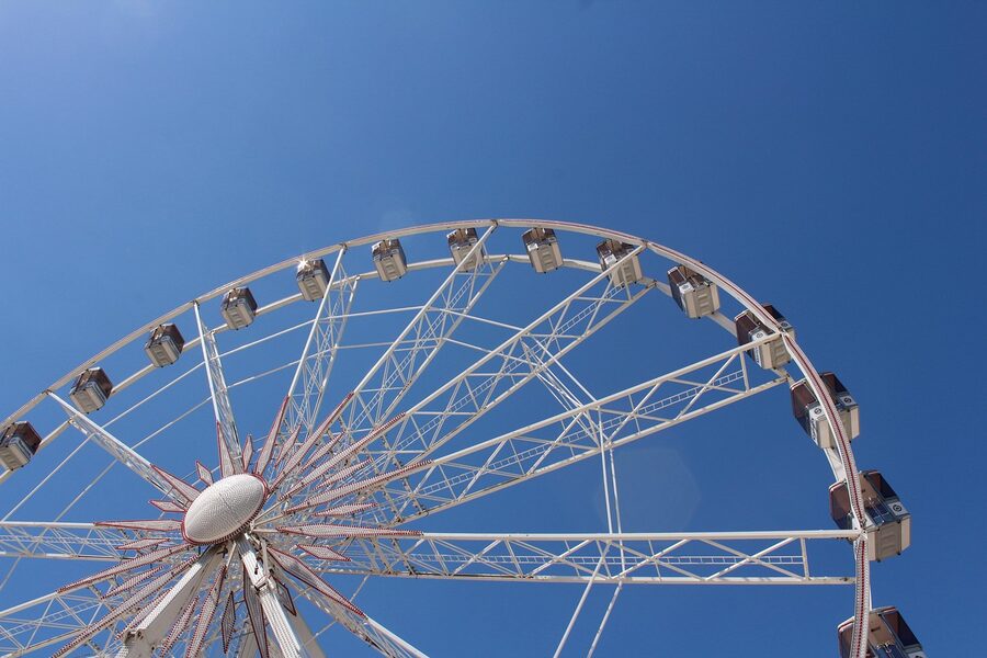 Observation wheel with blue sky at amusement area