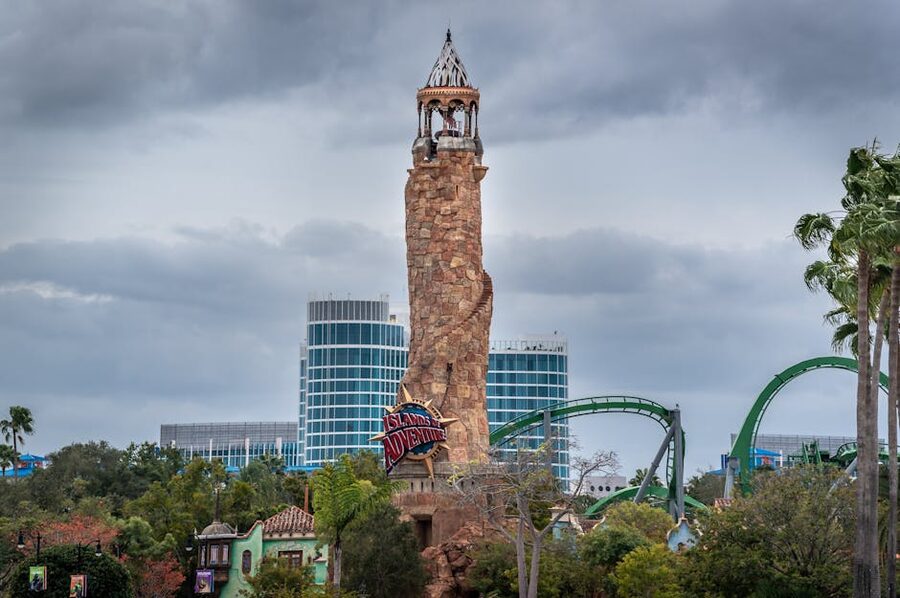 Iconic Islands of Adventure tower and grounds at Universal Orlando