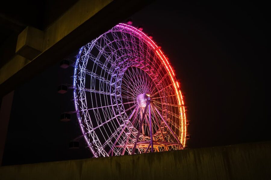The Wheel at ICON Park lit up in bright colours on International Drive at night
