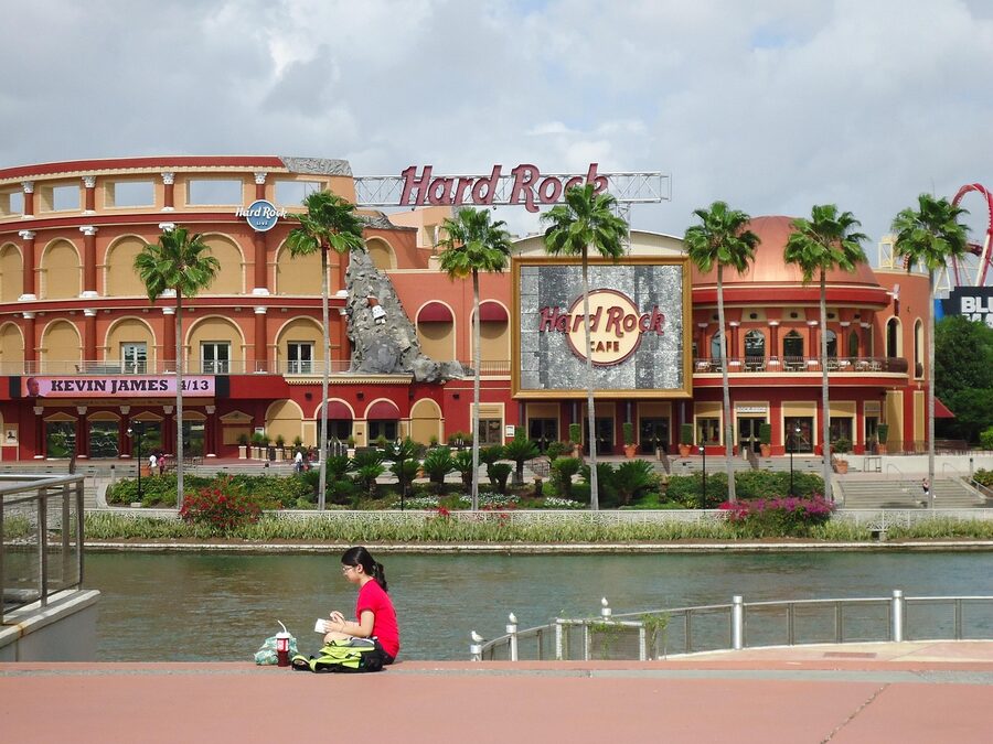 Universal CityWalk with Hard Rock Cafe signage in Orlando