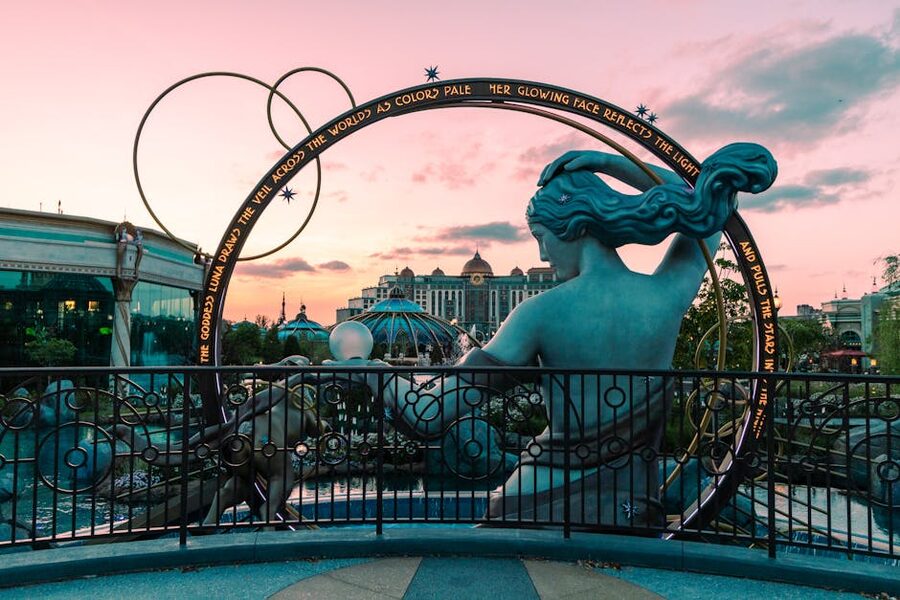 Universal Orlando Resort sculpture at sunset
