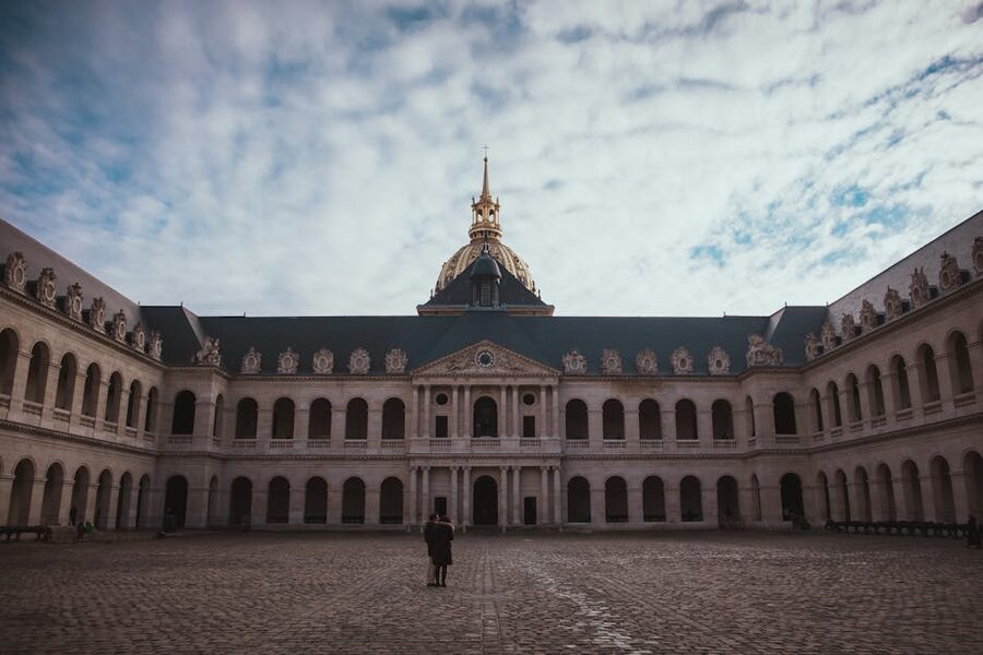 Historic courtyard of Les Invalides with chapel dome view
