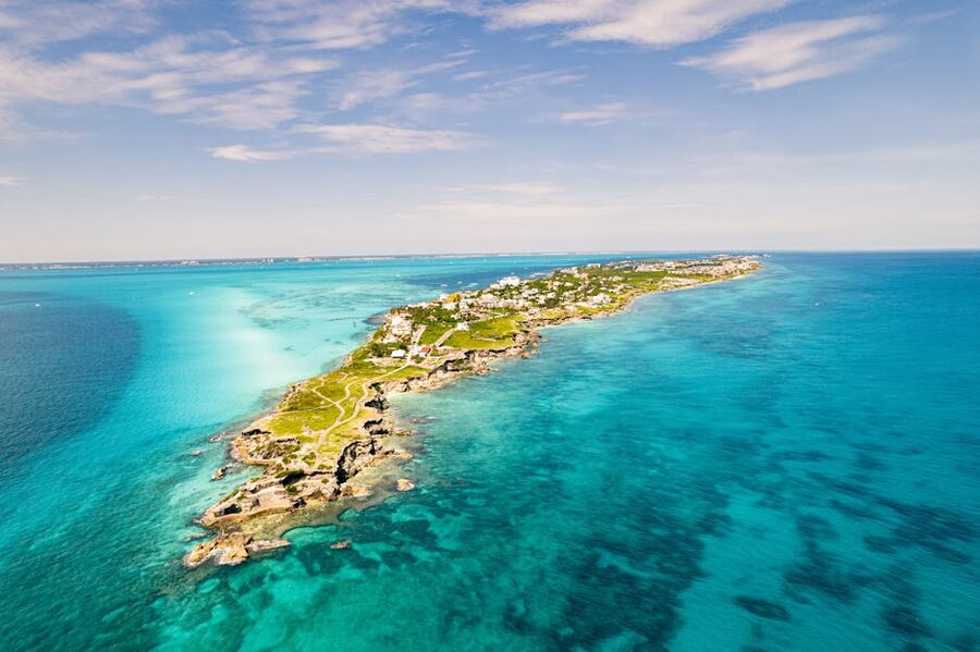 Aerial view of Isla Mujeres turquoise water and greenery
