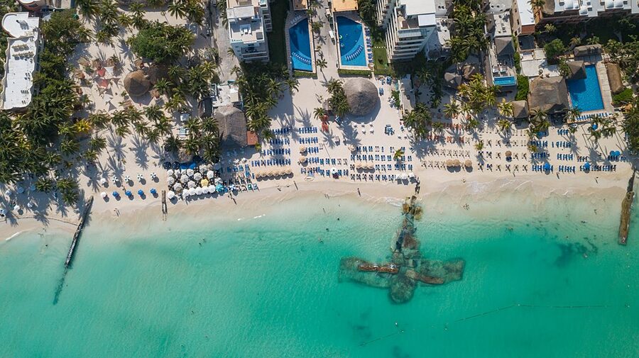 Aerial view of Playa Norte turquoise shallows on Isla Mujeres
