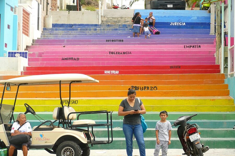 Colourful rainbow-painted stairway on Isla Mujeres