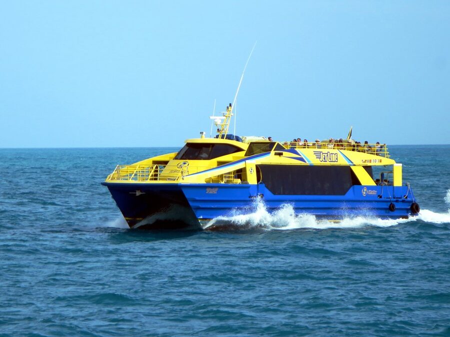 UltraMar passenger ferry approaching Isla Mujeres from Cancun
