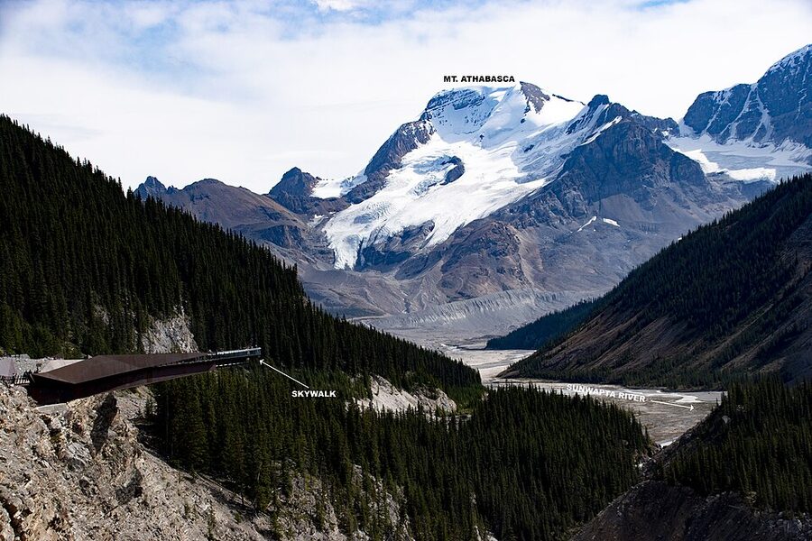 The semi-circular Columbia Icefield Skywalk platform from the side in Jasper National Park