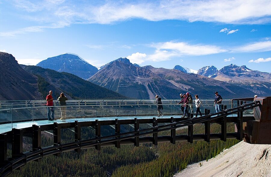 The Glacier Skywalk semi-circular platform cantilevered over the Sunwapta River Valley in Jasper National Park