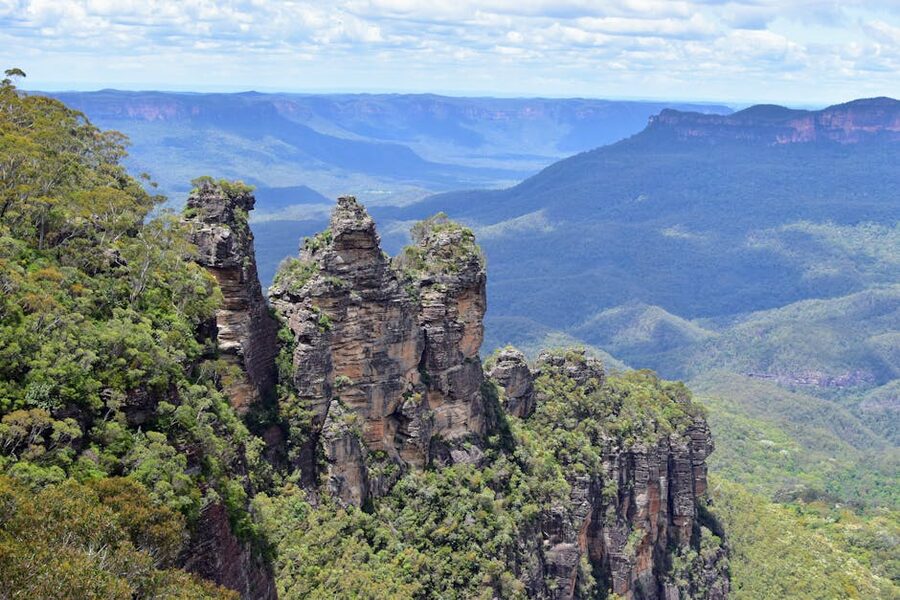 Wide angle view of Three Sisters rock formation in Blue Mountains Australia