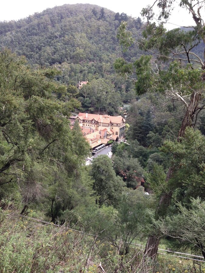 Overlook of Caves House at Jenolan from above the karst valley