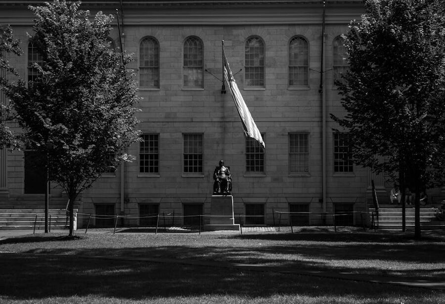 John Harvard bronze statue seated in Harvard Yard