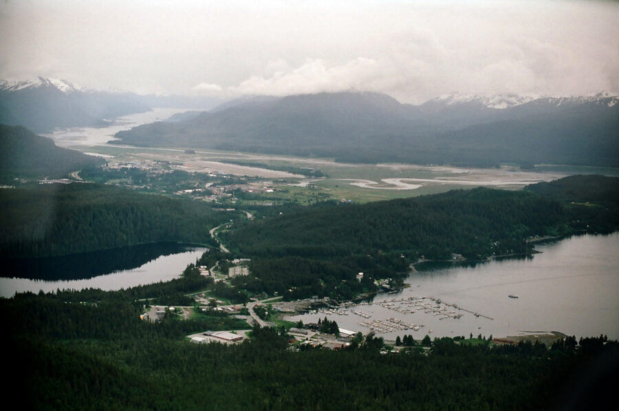 Aerial view of Auke Bay harbor near Juneau where whale watching tours depart