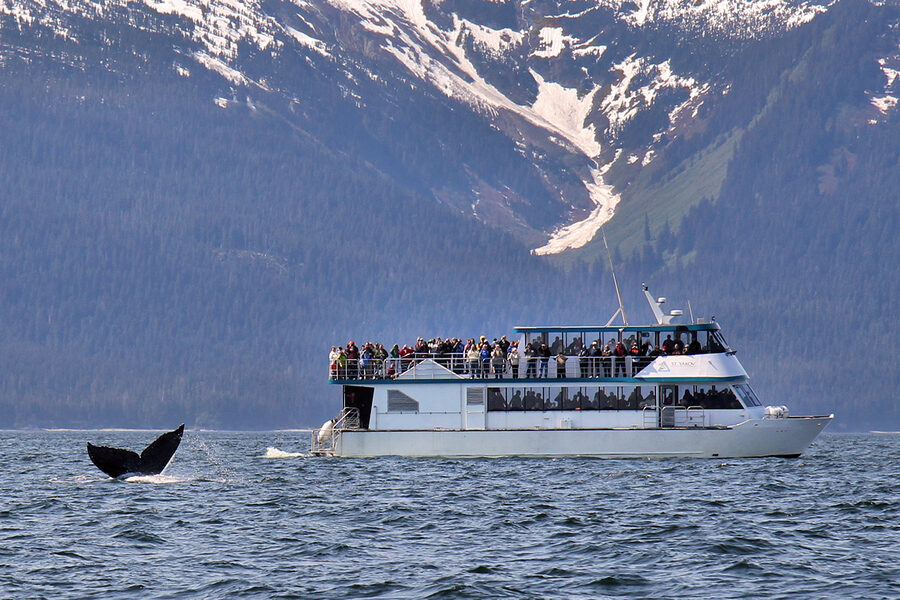 Whale watching catamaran near Juneau Alaska with passengers on the upper deck