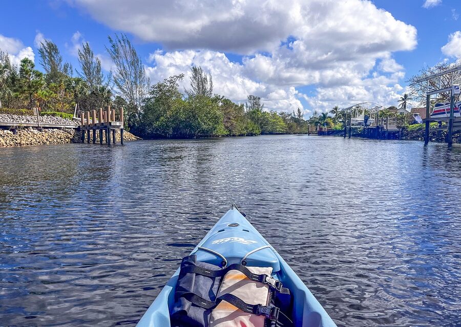 Kayak on a Florida spring run with tropical vegetation