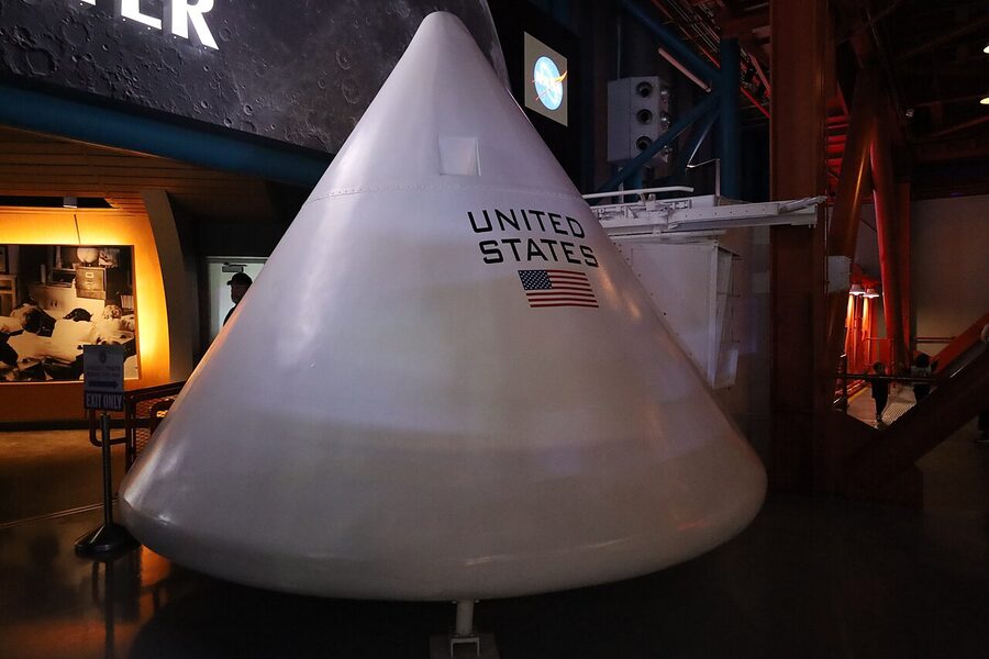 Apollo Saturn V Center interior with moon lander and exhibits at Kennedy Space Center