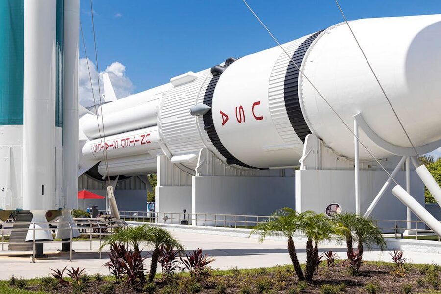 Outdoor rocket display at Kennedy Space Center