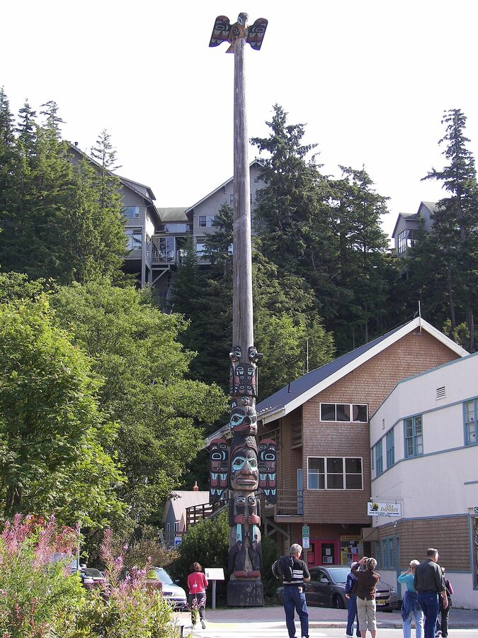 Chief Johnson totem pole replica downtown Ketchikan