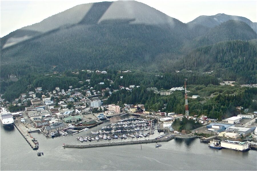Aerial view of downtown Ketchikan with cruise ships docked along the narrows