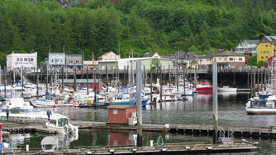 Ketchikan town and mountains viewed from the cruise dock