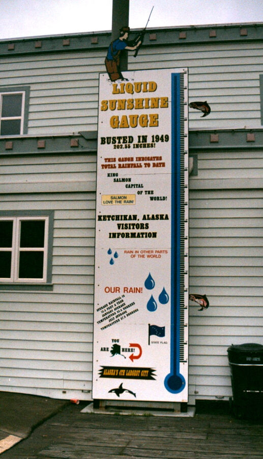 Giant rain gauge display in Ketchikan Alaska showing annual rainfall
