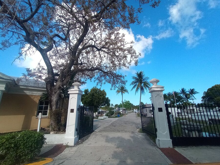 White stone entrance gate to the Key West City Cemetery