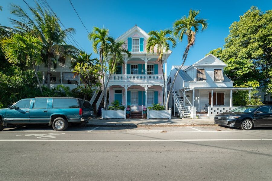 Colorful historic houses on a Key West street