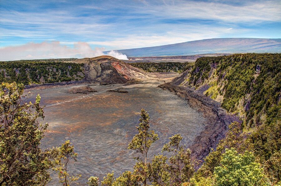 Kilauea crater volcano with smoke in Hawaii