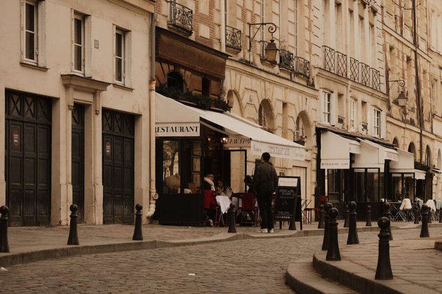 Old Town Latin Quarter cobblestone street with cafes Paris