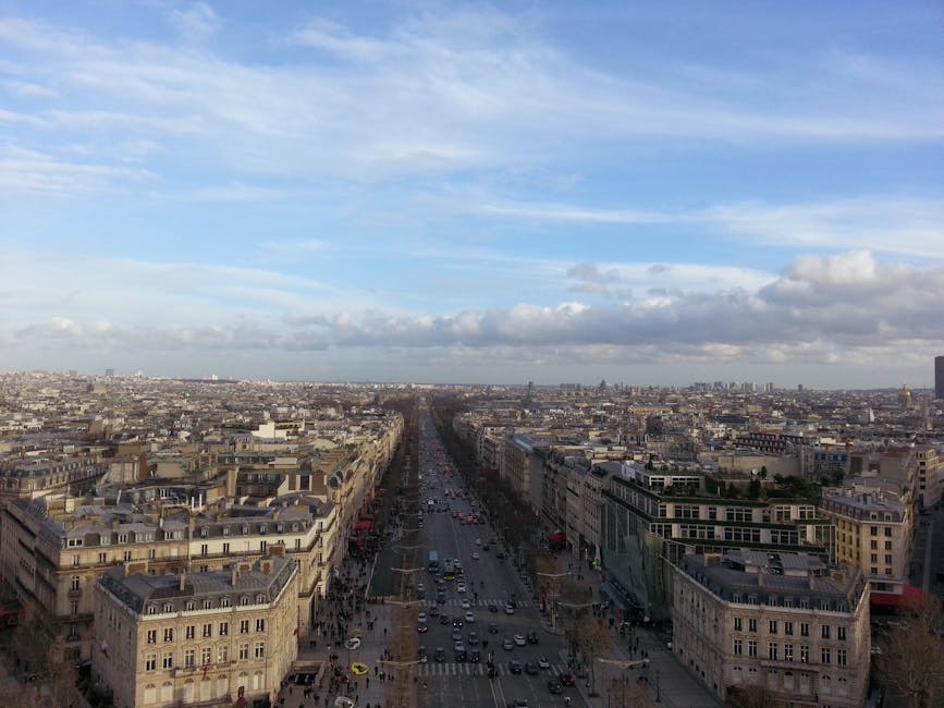 Aerial view of Champs-Elysees and Paris