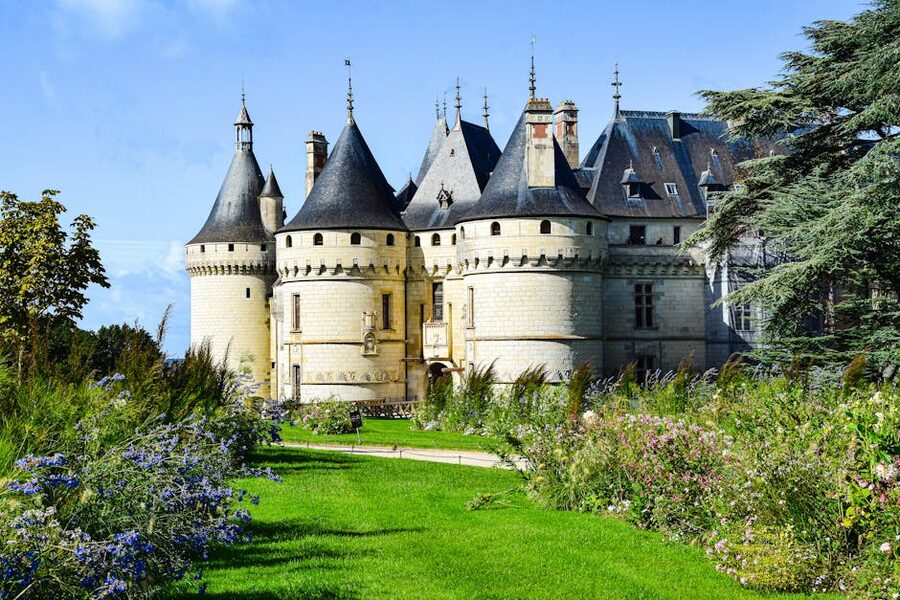 Towers of the medieval Chateau de Chaumont with gardens