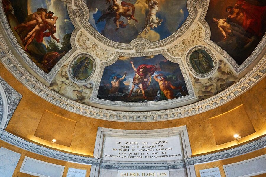 Louvre statue gallery with painted ceiling
