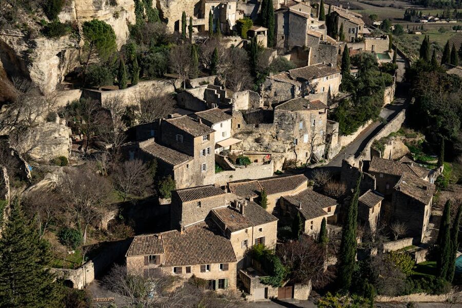 Aerial view of Gordes village stone houses in Provence