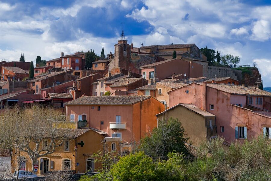 Roussillon ochre village panorama under blue sky
