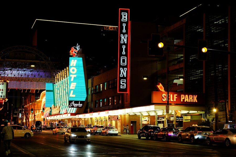 Fremont Street Binions Hotel neon lights Las Vegas at night