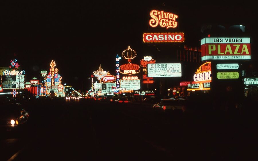 Vintage Las Vegas casinos with neon lights at night