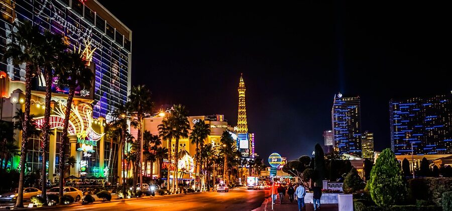Las Vegas Strip with Eiffel Tower at night neon lights