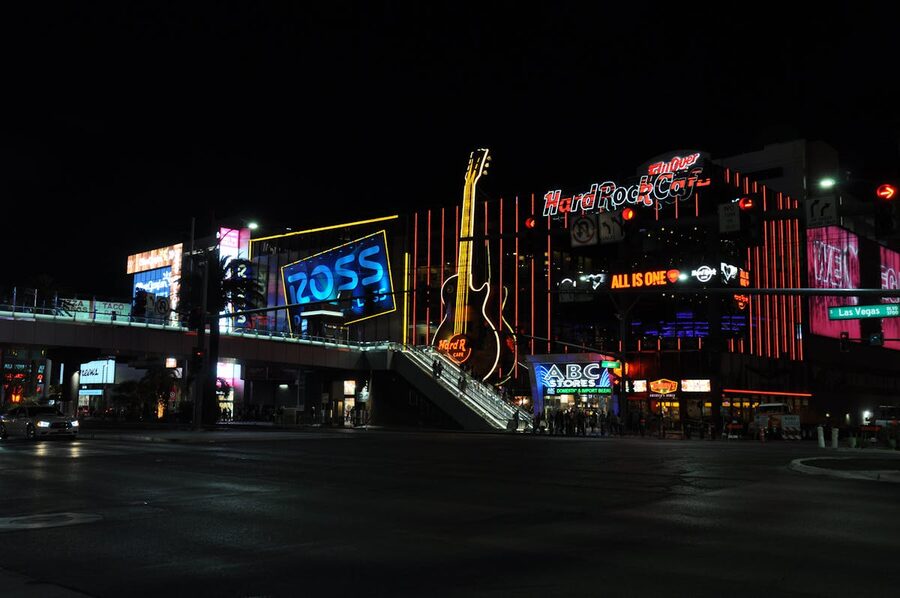 Las Vegas Strip at night with neon lights and iconic landmarks