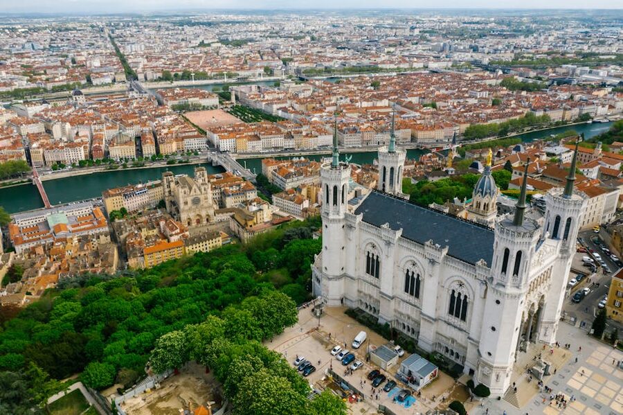 Aerial view of Notre-Dame de Fourviere basilica Lyon