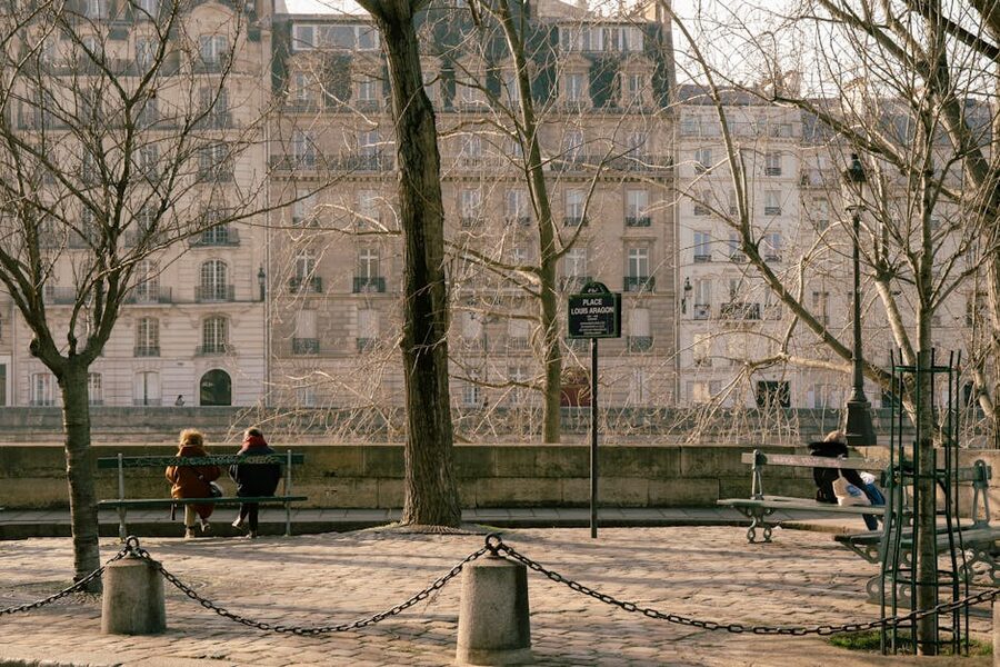 Place des Vosges park benches in Paris with people relaxing