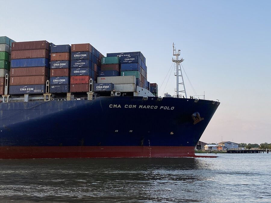CMA CGM Marco Polo container ship passing under the Talmadge Memorial Bridge in Savannah