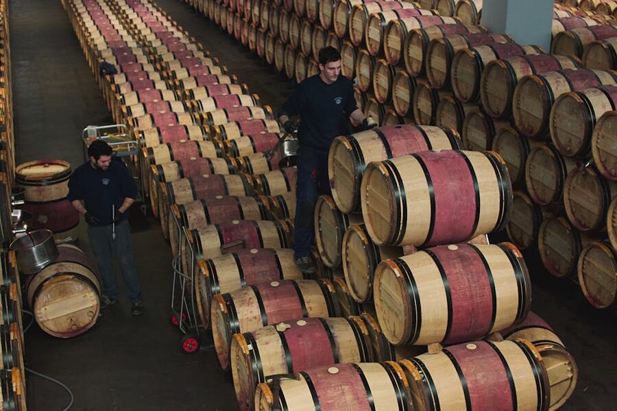 Margaux Medoc cellar workers managing oak barrels Bordeaux