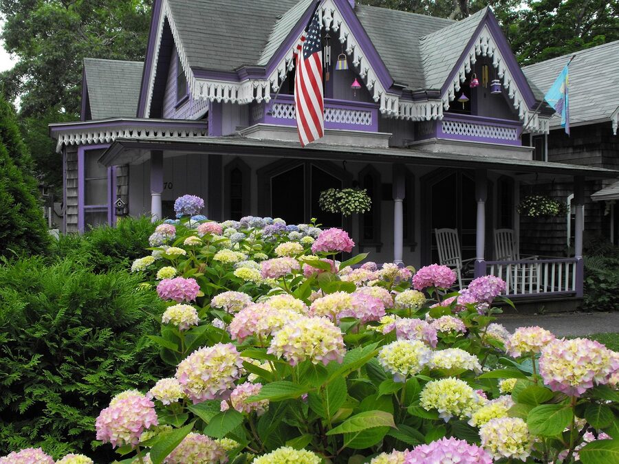 Pink gingerbread house surrounded by hydrangeas on Martha's Vineyard