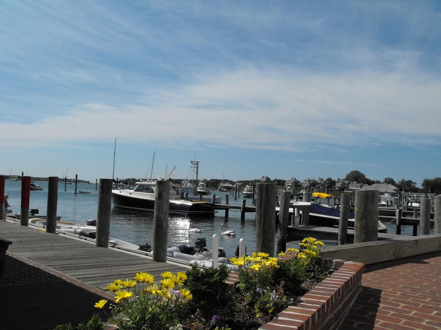 Summer pier on Martha's Vineyard with ocean and calm sky