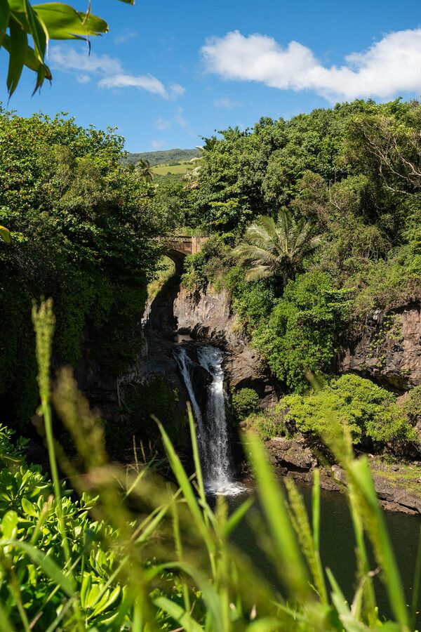 Serene Maui waterfall surrounded by lush greenery under blue sky