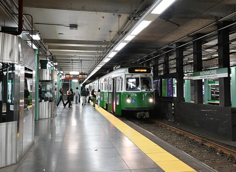 MBTA Green Line train at Kenmore station Boston for Fenway Park