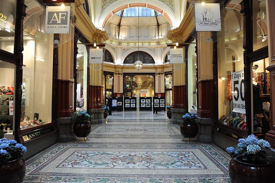 Block Arcade Melbourne interior tiled floor and glass ceiling