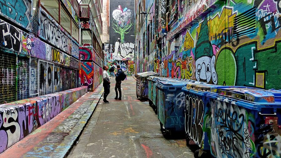 Hosier Lane Melbourne street art covering brick walls