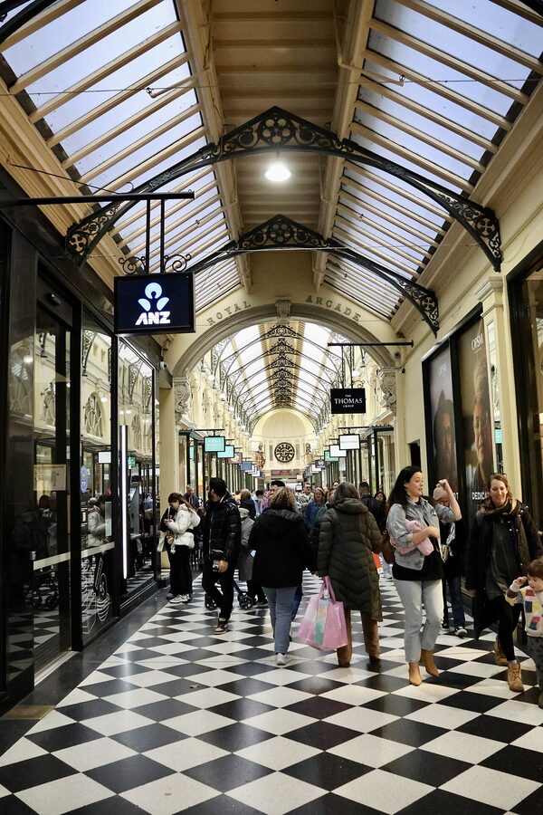Royal Arcade Melbourne interior with Gaunt clock and Gog and Magog statues